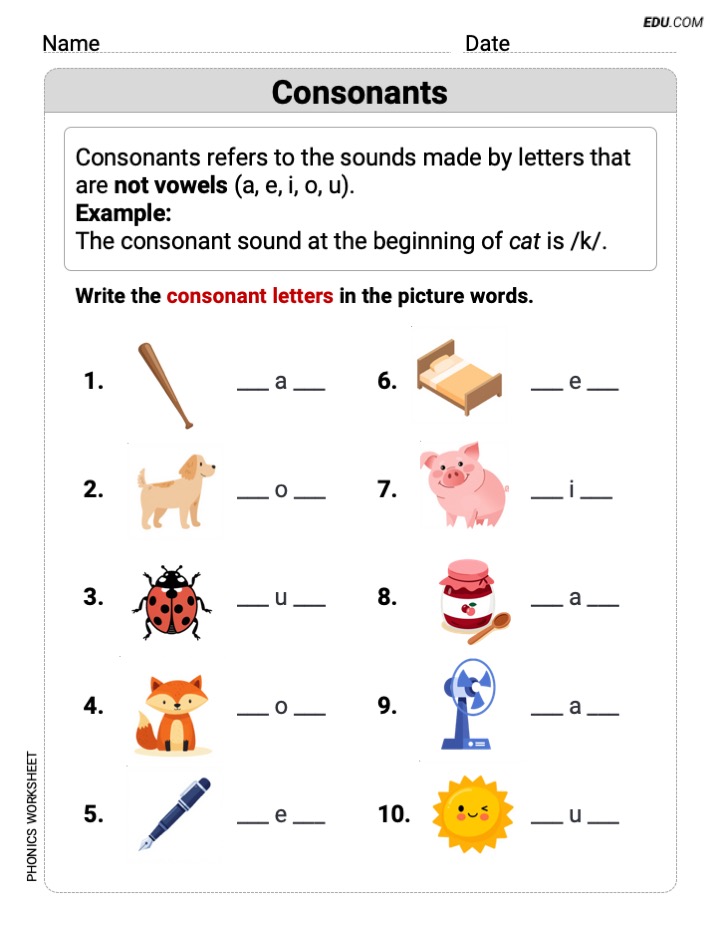 Printable Phonics Worksheet - Grade 1: Single Consonant Sounds | EDU.COM